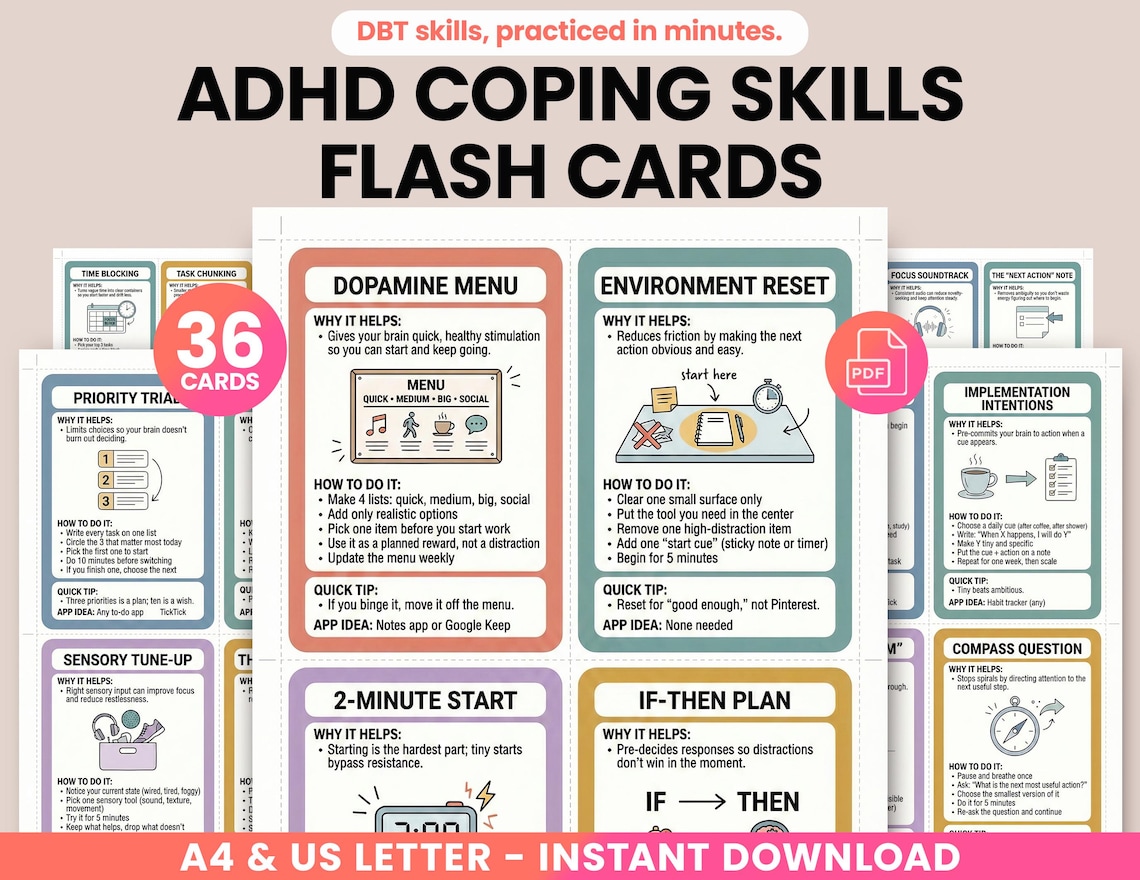 ADHD Coping Skills Cards Printable, ADHD Therapy Worksheets, Executive ...