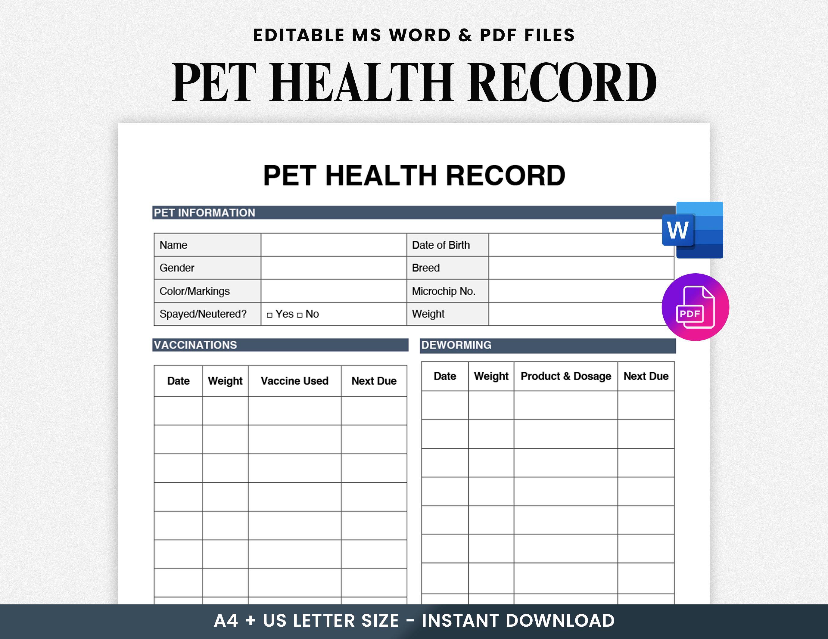 Printable Pet Health Record Template, Pet Vaccination Log, Puppy Shot ...