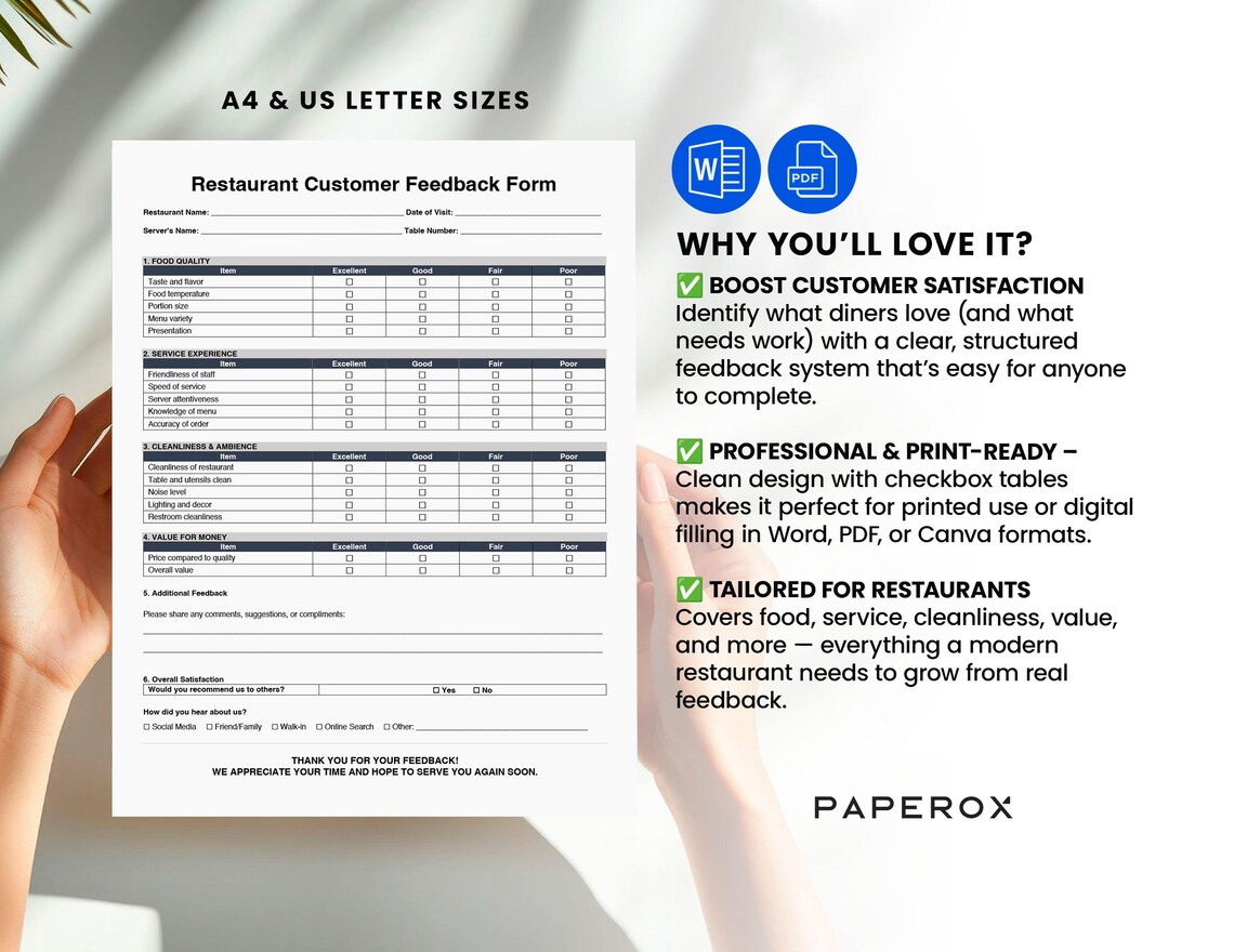 Restaurant Customer Feedback Form Template • Printable Restaurant Evaluation Form • Editable PDF ...