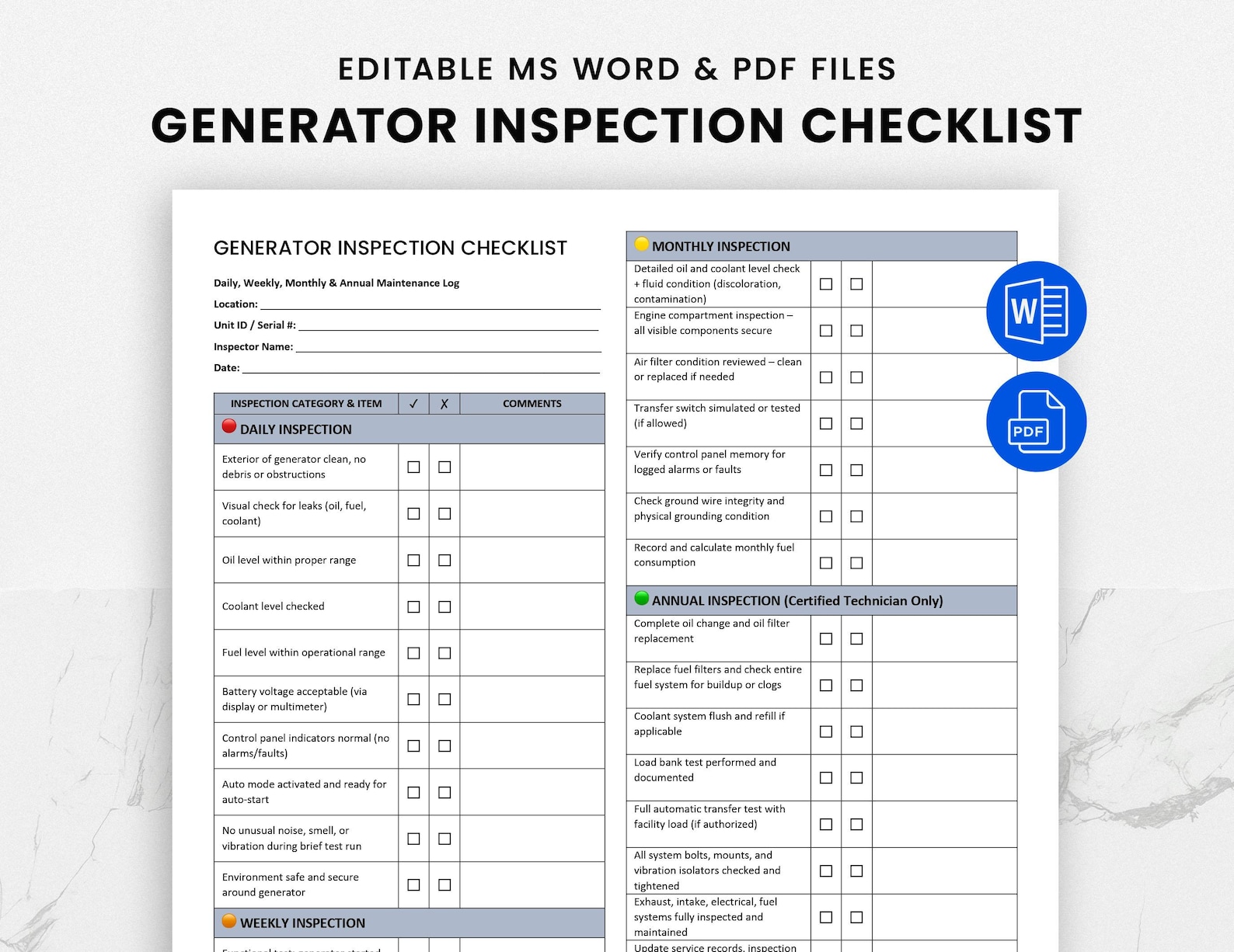 Generator Inspection Checklist PDF - OSHA NFPA 110 Compliant - Fillable Maintenance Log - Daily ...