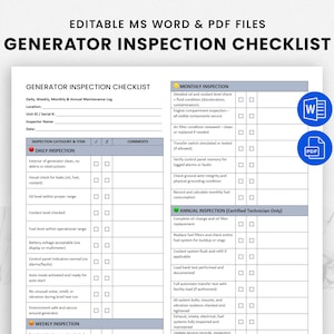 Generator Inspection Checklist PDF - OSHA NFPA 110 Compliant - Fillable Maintenance Log - Daily ...