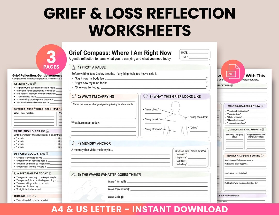 Coping With Grief & Loss Worksheet Printable - Grief Counseling Tool ...