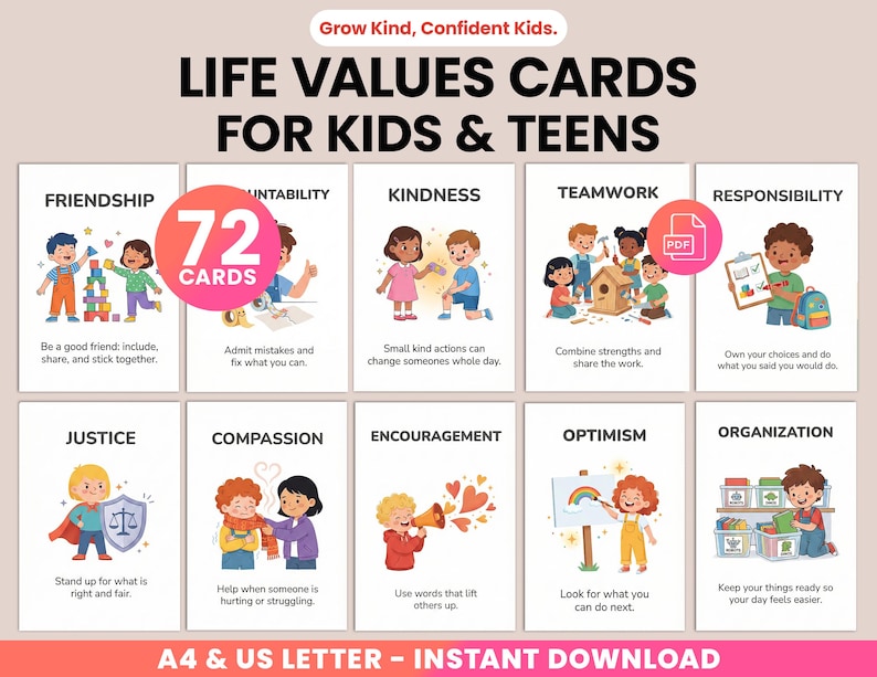 72 Character Traits & Core Values Cards for Kids, SEL Flashcards ...
