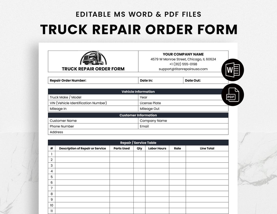 Truck Repair Order Form - Truck Repair Invoice Template - Printable ...