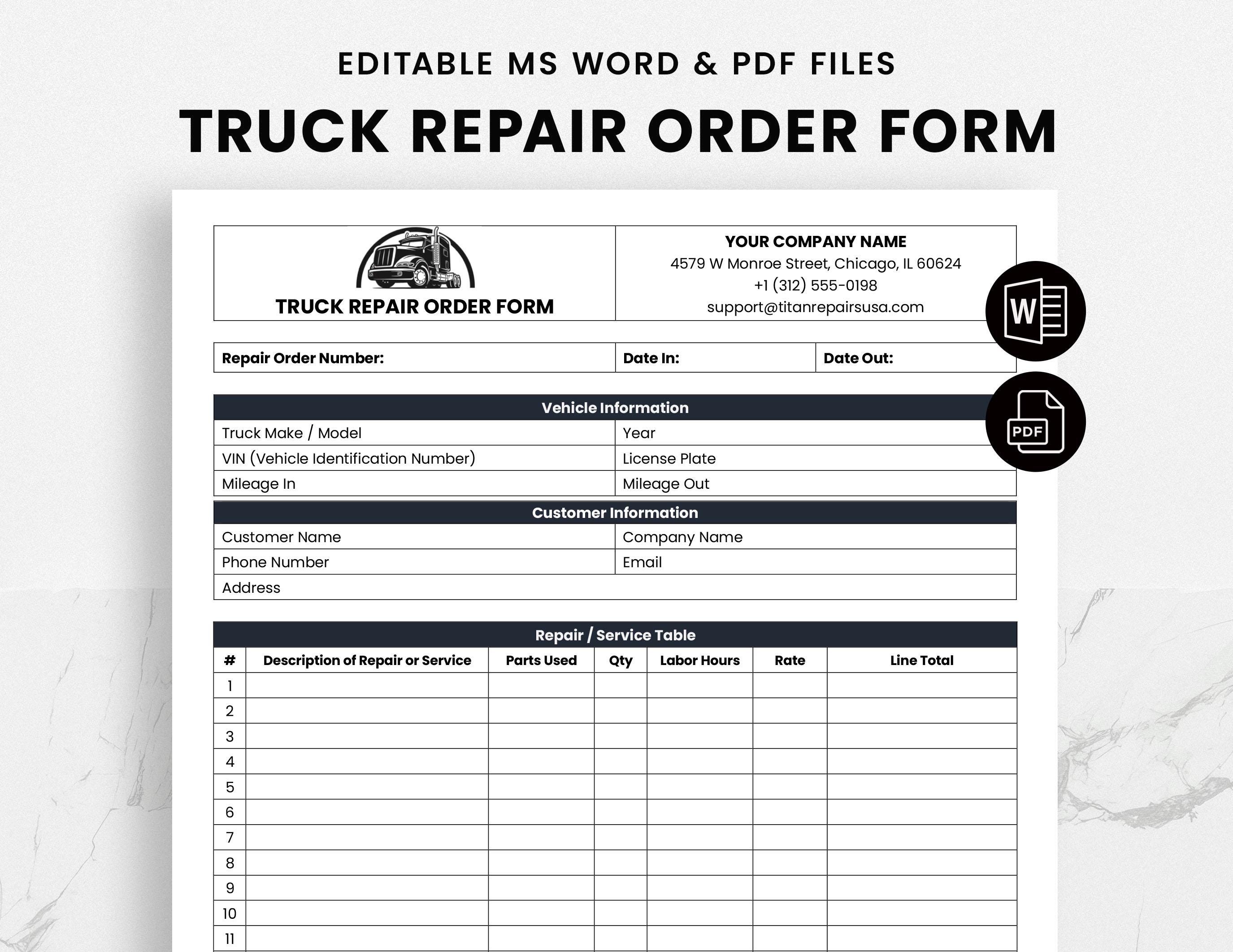 Truck Repair Order Form - Truck Repair Invoice Template - Printable ...