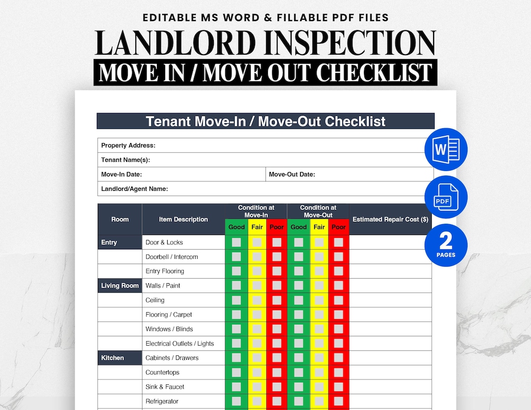 Tenant Move in Move Out Checklist Template • Editable Rental Inspection ...