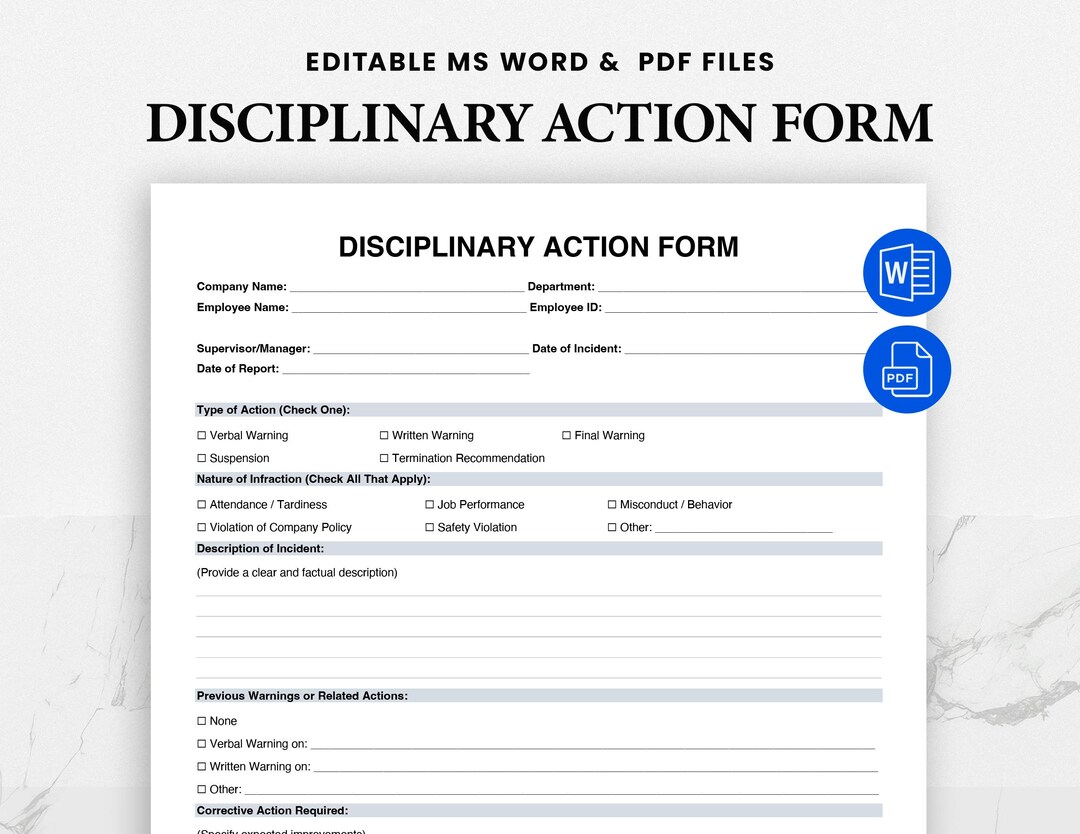 Disciplinary Action Form Template - Employee Write-up Form - HR Warning ...