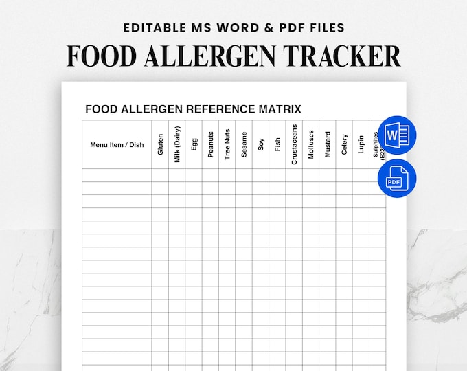Allergen Chart for Food Service, Allergen Matrix, Editable Google ...