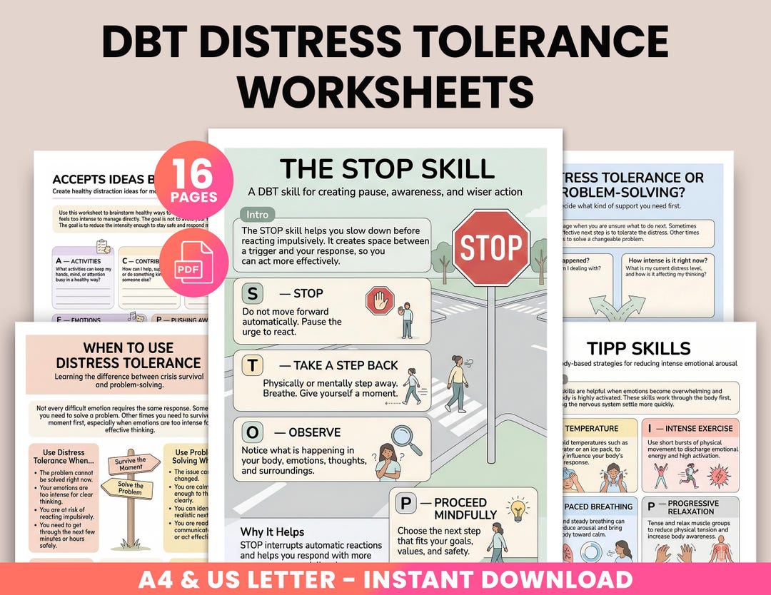 DBT Distress Tolerance Worksheets, Crisis Survival Skills Workbook ...