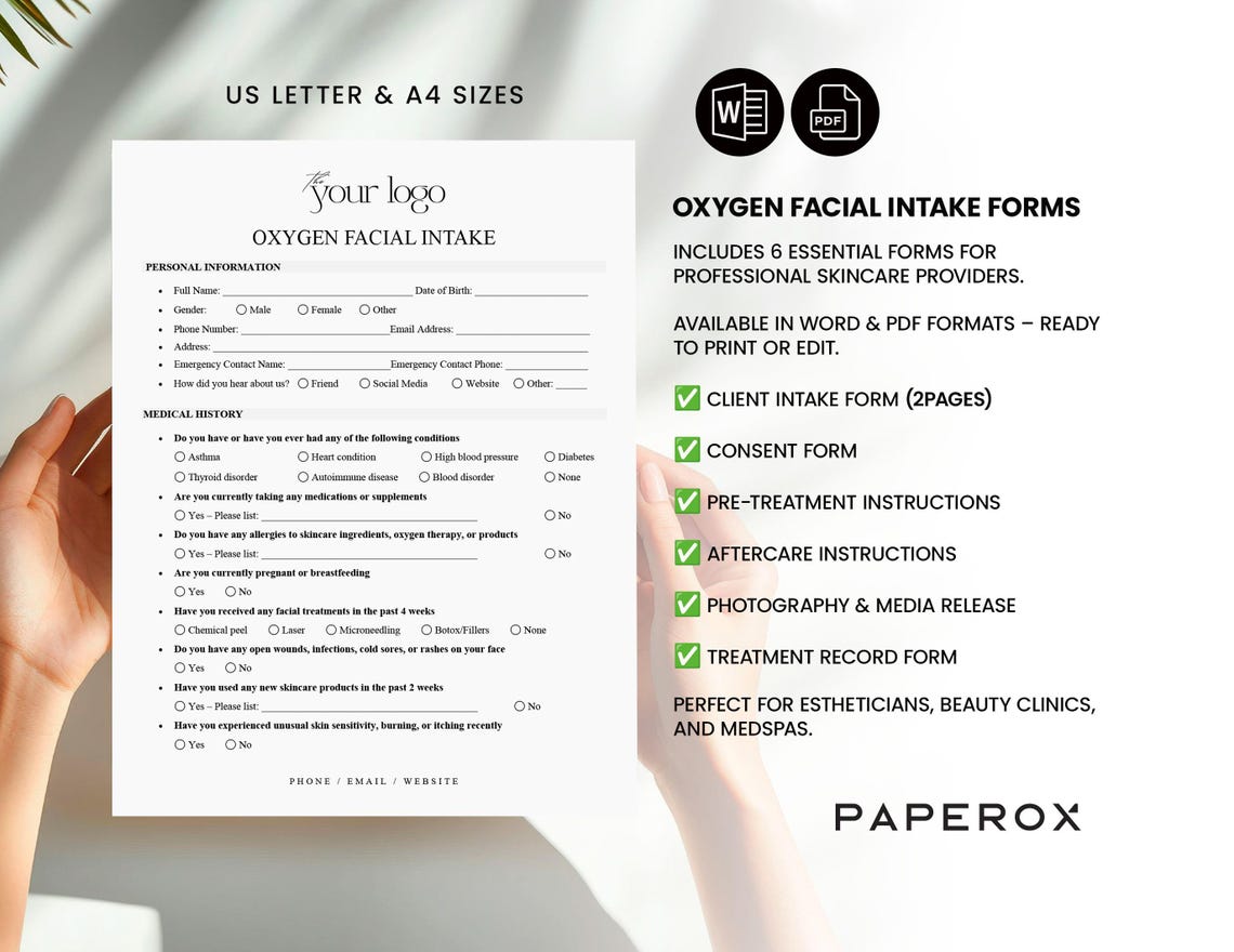 Oxygen Facial Intake and Consent Form Template - Esthetician Spa Client ...