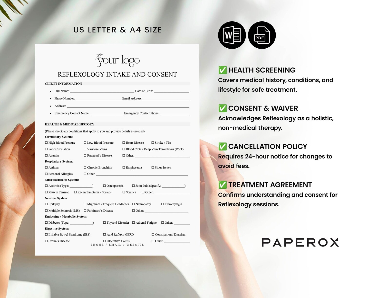 Reflexology Client Intake Form Template - Editable Massage Consultation ...