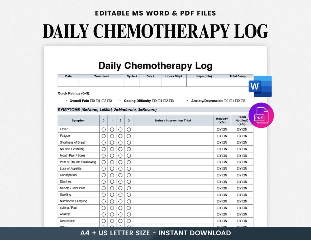 Daily Chemotherapy Log Template – Editable Chemotherapy Symptom Tracker ...