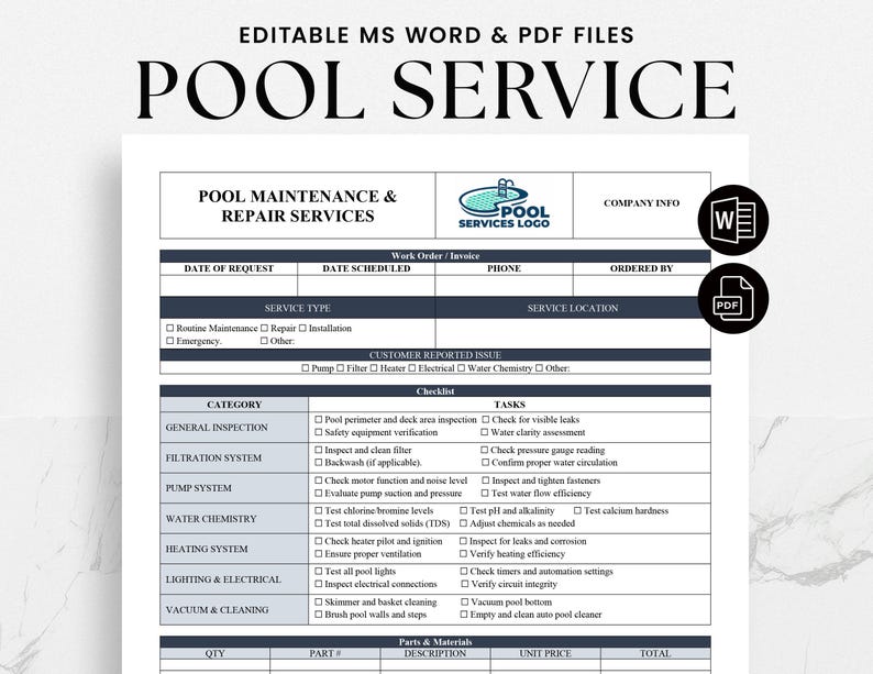 Swimming Pool Service Work Order Invoice, Pool Care, Pool Maintenance ...