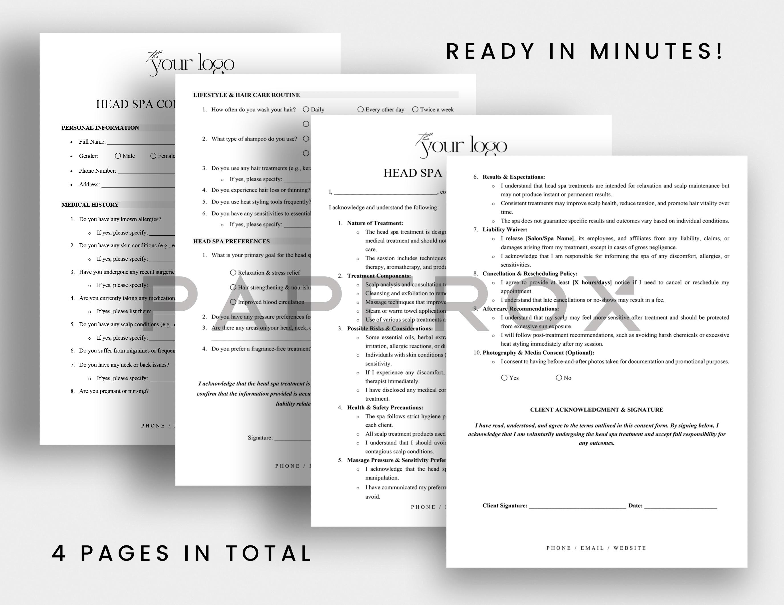 Head Spa Intake Form | Scalp Treatment Consent Form | Salon Client ...