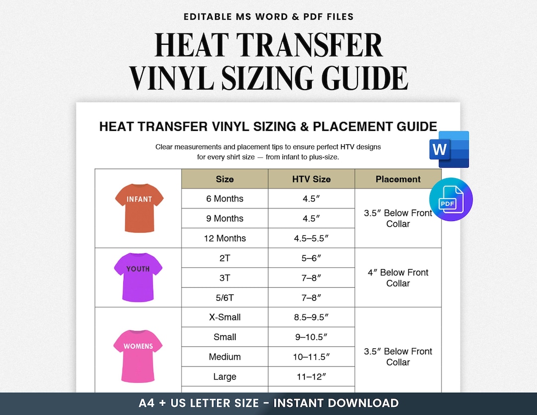Heat Transfer Vinyl Sizing Guide, HTV Size Chart, T-shirt Vinyl ...