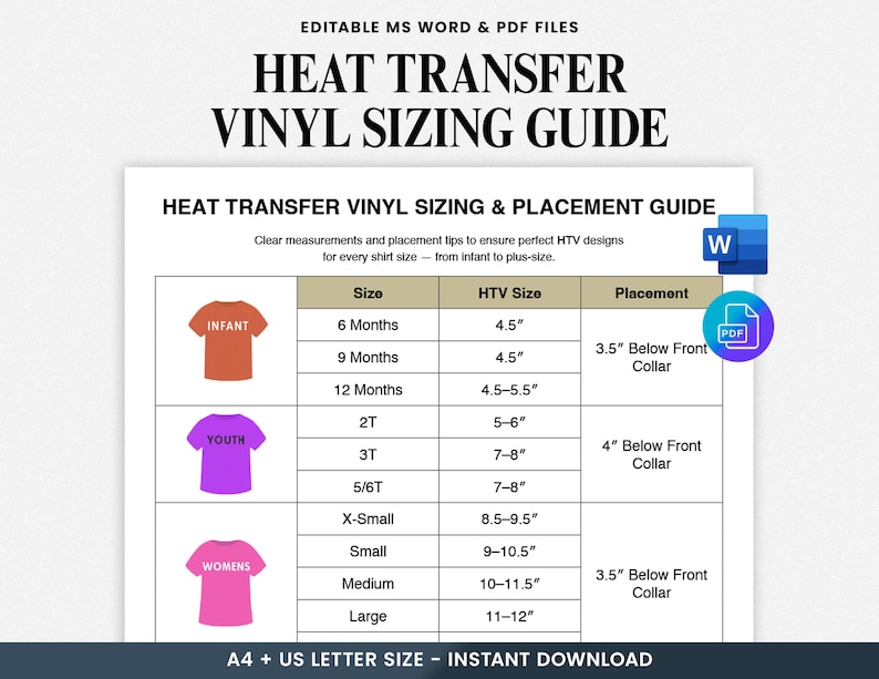 Heat Transfer Vinyl Sizing Guide, HTV Size Chart, T-shirt Vinyl ...