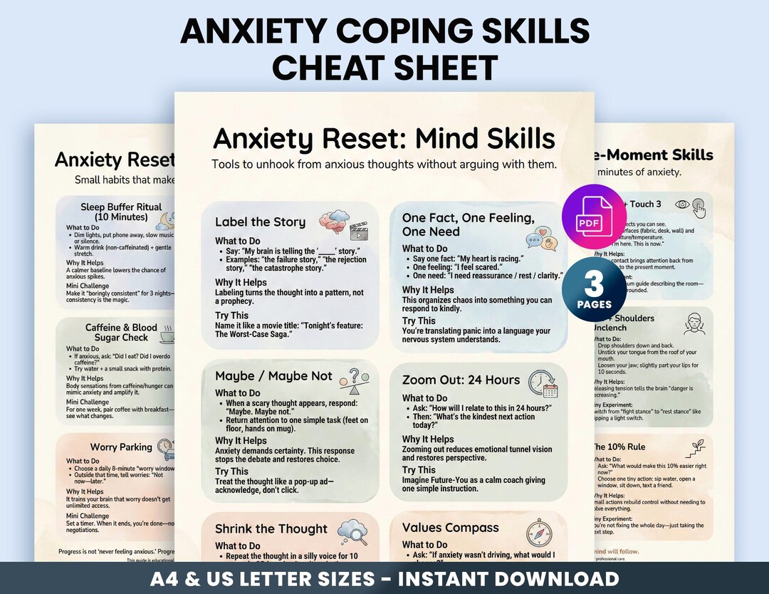 Anxiety Coping Skills Cheat Sheet, Printable Grounding Techniques ...