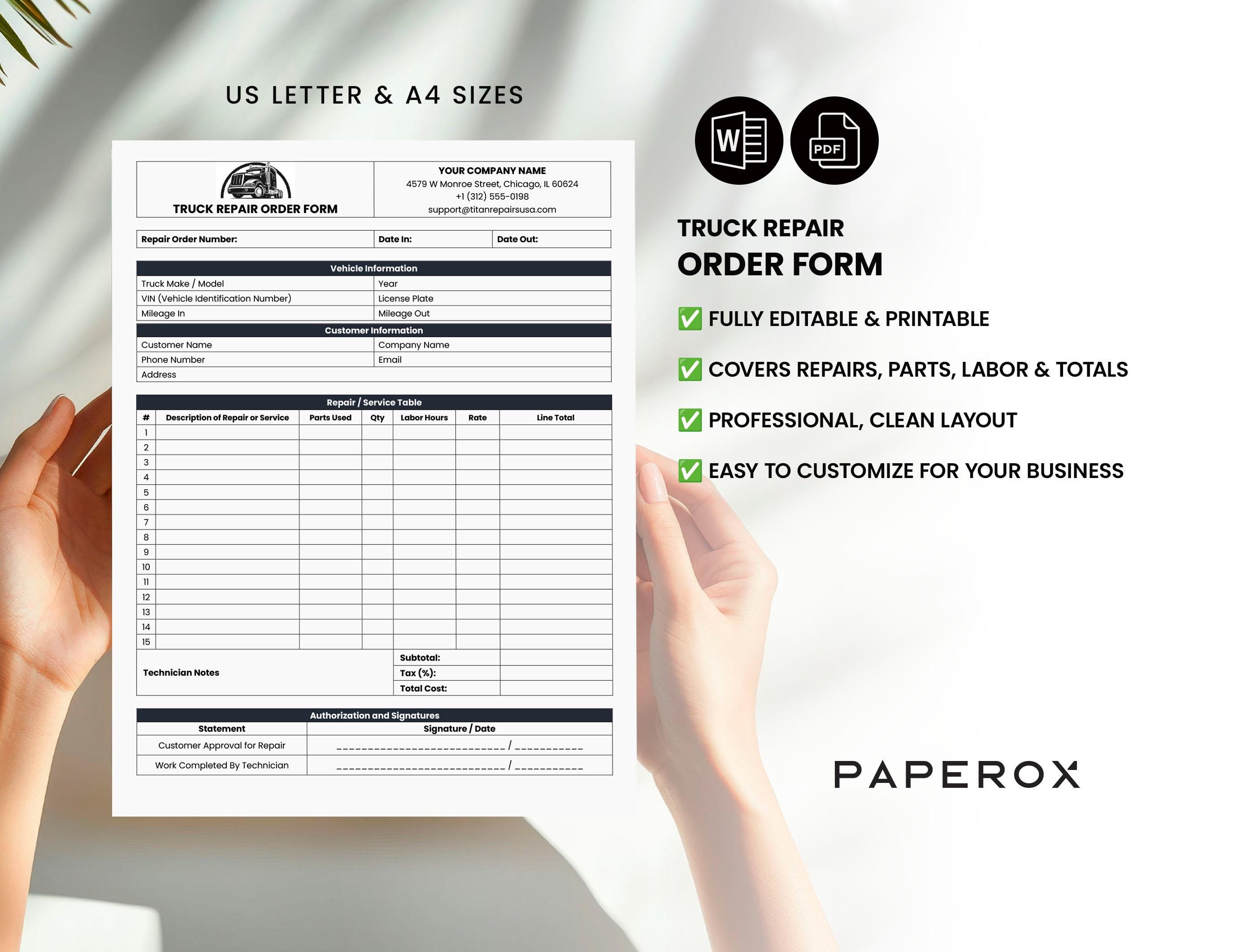 Truck Repair Order Form - Truck Repair Invoice Template - Printable ...
