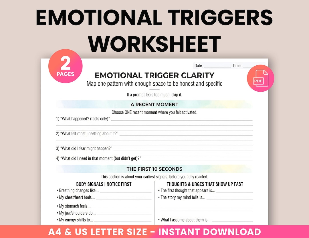 Emotional Triggers Worksheet Printable, Identify Triggers & Body Cues ...