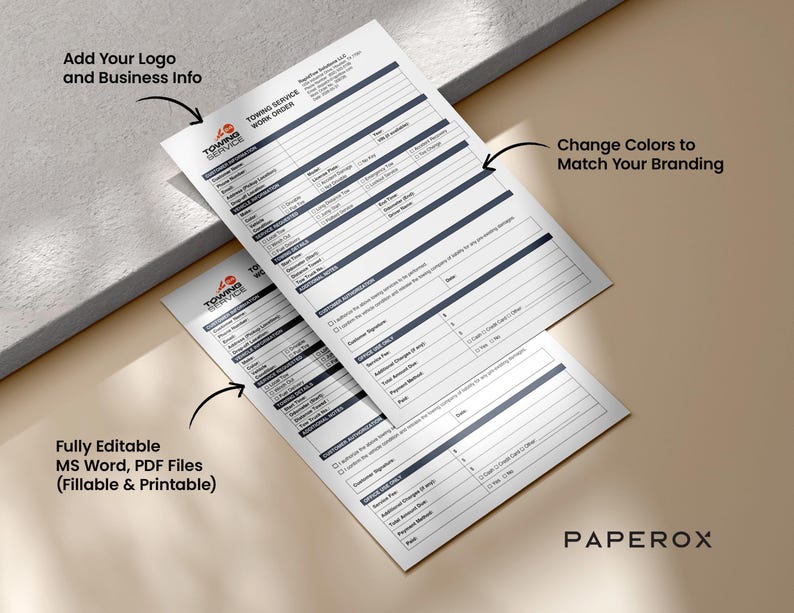 Towing Work Order Template • Editable Tow Truck Service Form • Fillable ...