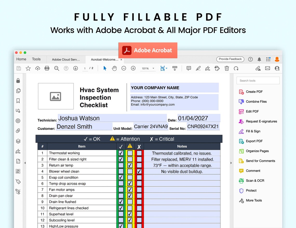 HVAC Inspection Checklist Template • Air Conditioning Service Form ...
