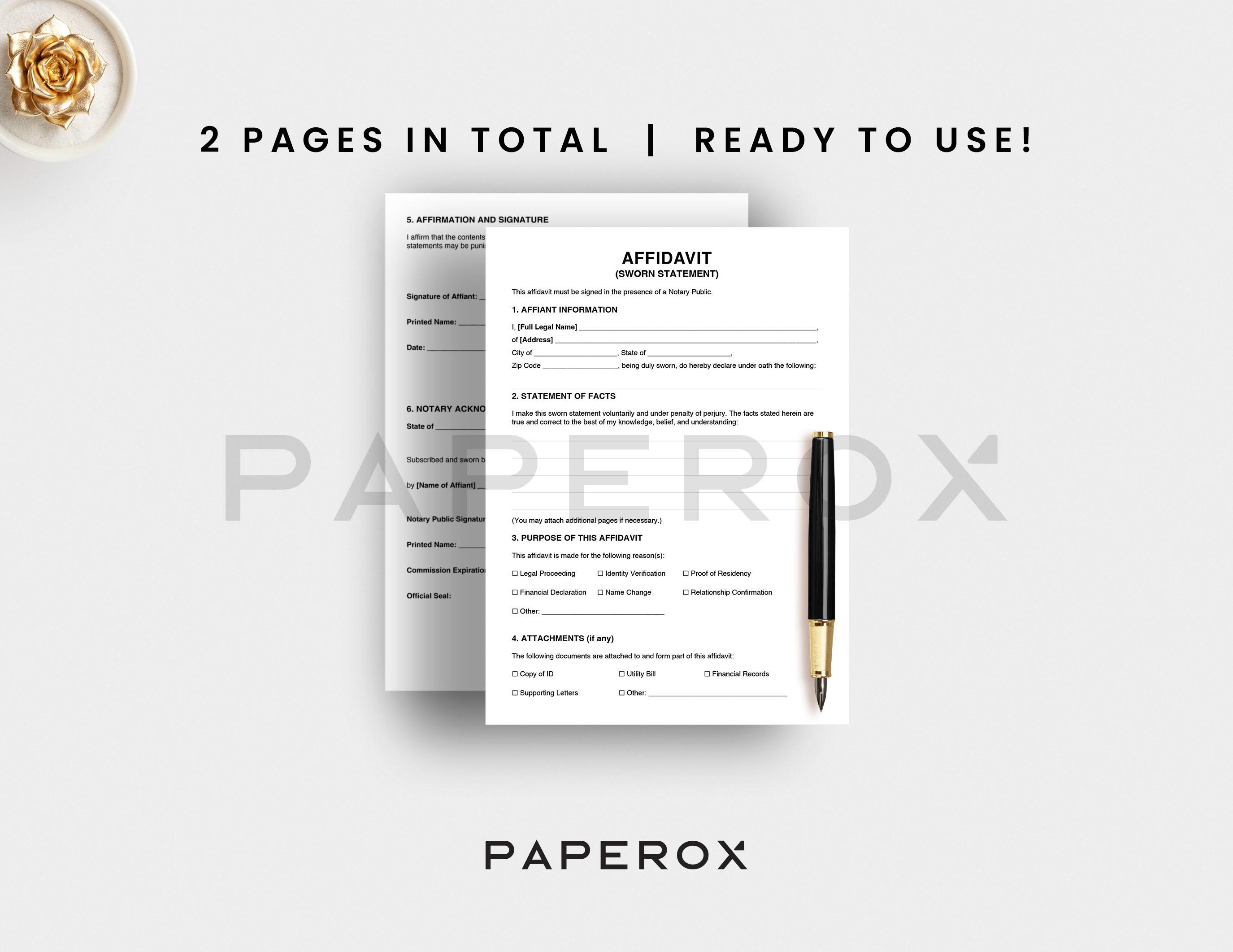 Sworn Affidavit Template - Fillable Statement Form - Printable Personal Declaration - Notarized ...