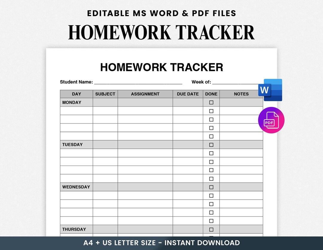Kids Homework Tracker: Printable Student Planner, Children Homework ...