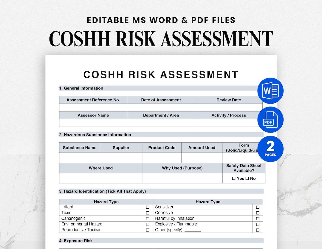 COSHH Risk Assessment Template • Printable Workplace Safety Form ...