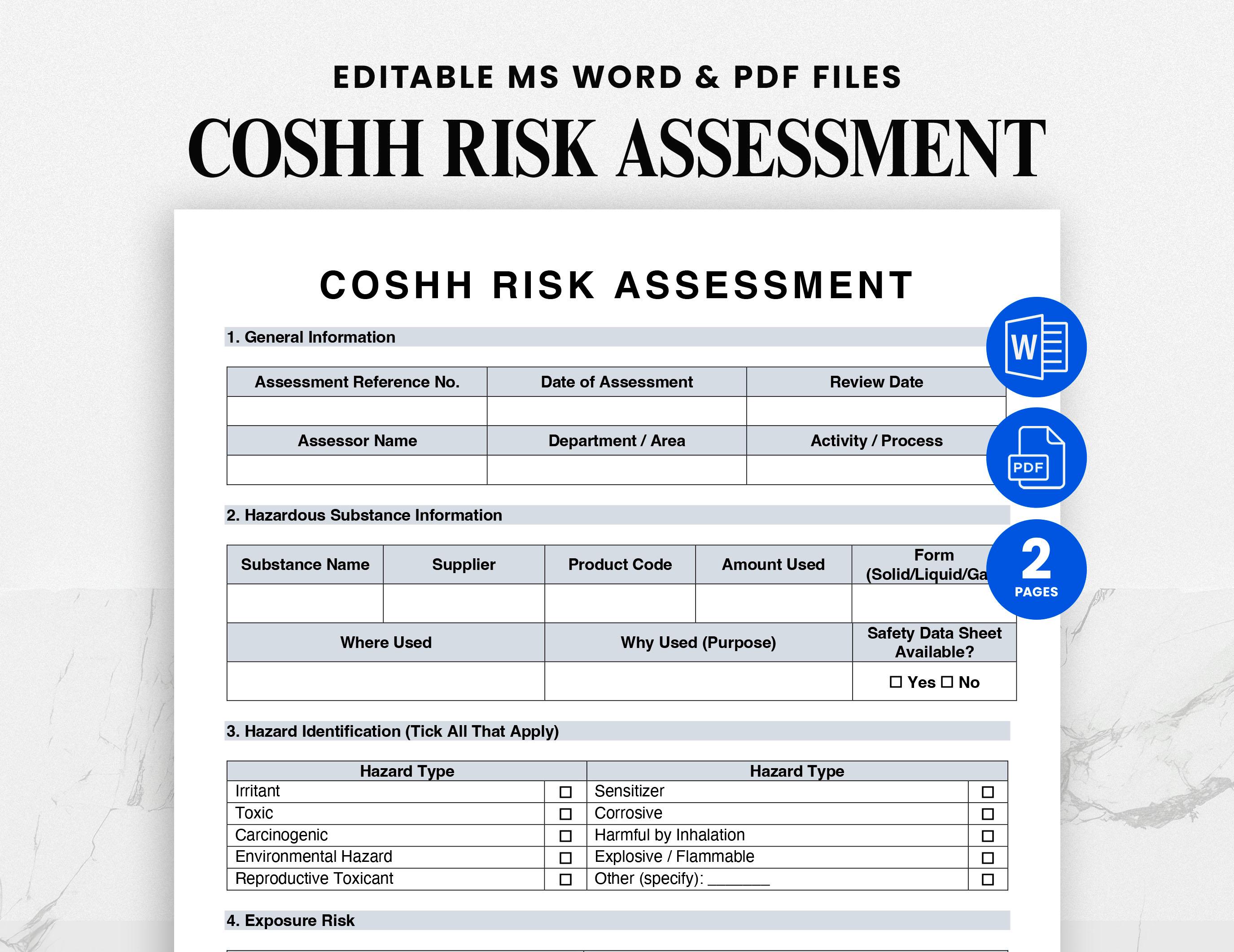 COSHH Risk Assessment Template • Printable Workplace Safety Form ...