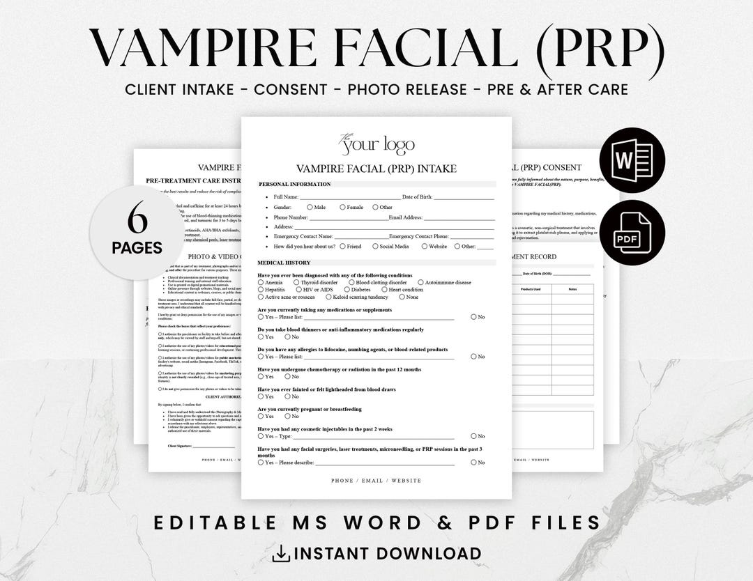 Vampire Facial Client Intake & PRP Consent Form Template - PRP Facial ...