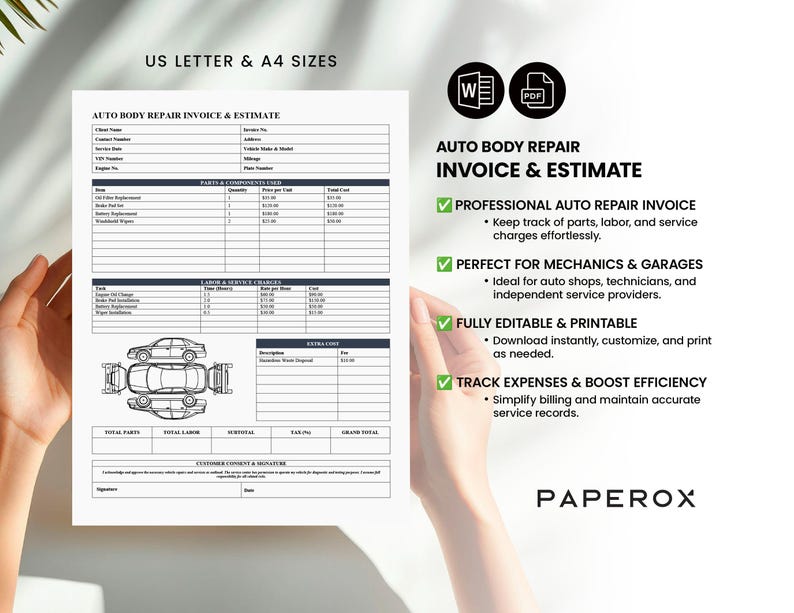Auto Body Repair Invoice Template – Printable Mechanic Service Estimate ...