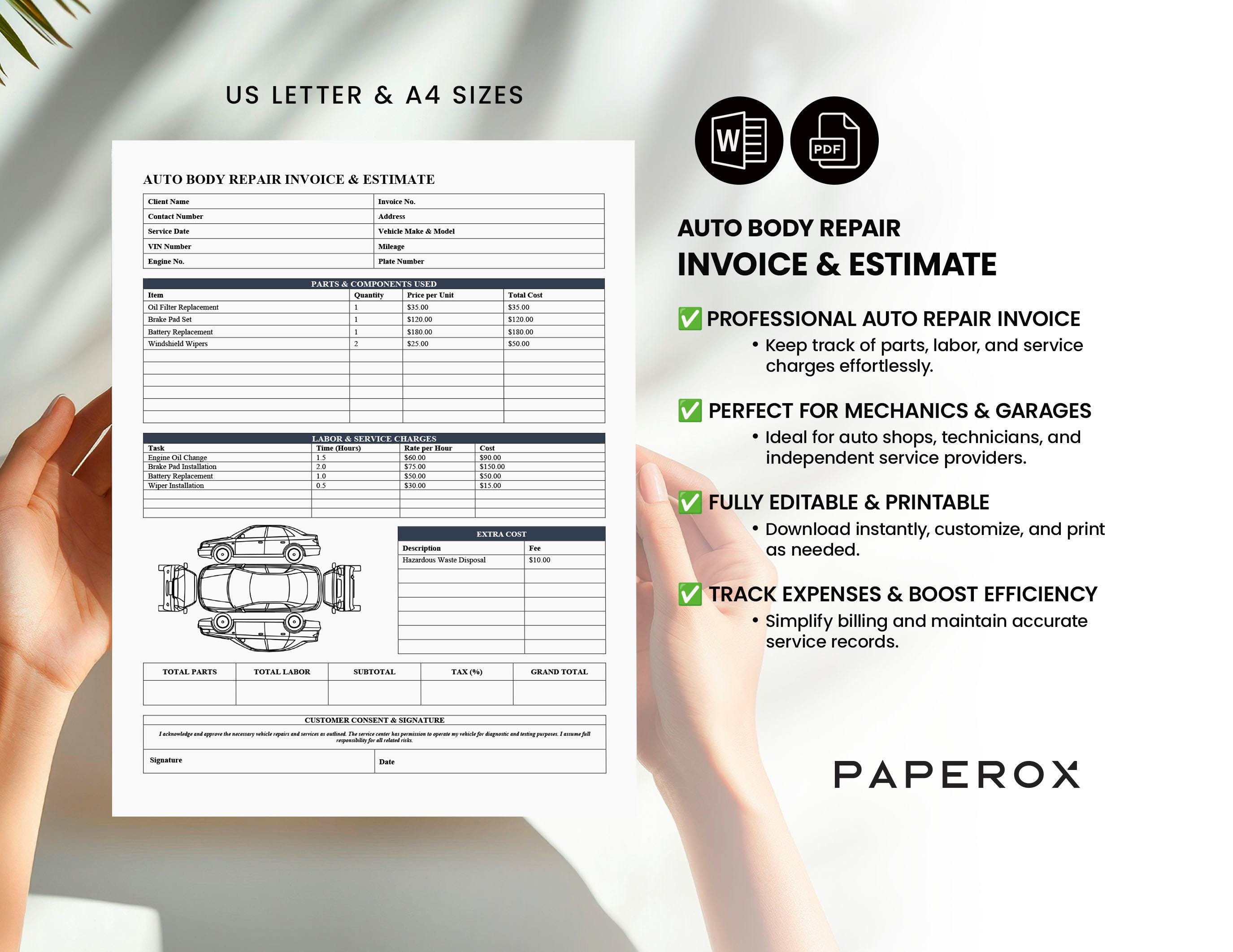 Auto Body Repair Invoice Template – Printable Mechanic Service Estimate ...