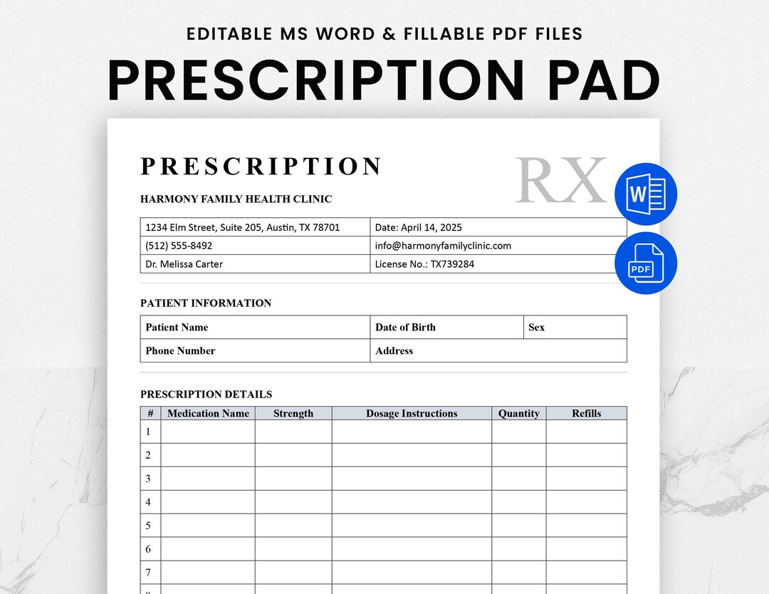 Editable Prescription Pad PDF – Fillable Rx Form – Doctor Prescription ...