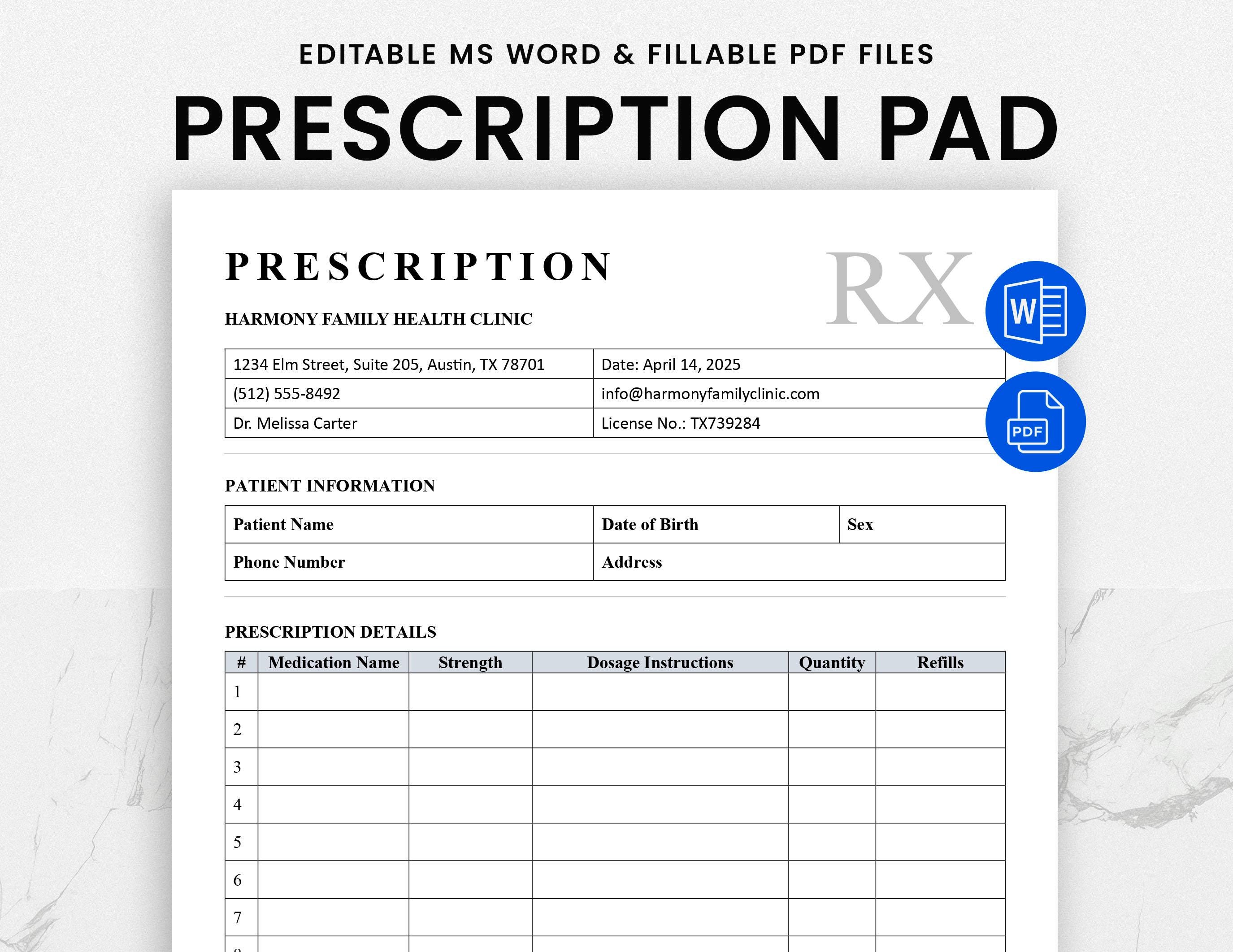 Editable Prescription Pad PDF – Fillable Rx Form – Doctor Prescription ...