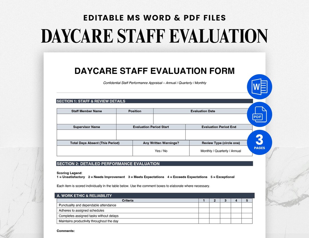 Daycare Staff Evaluation Form • Printable Employee Review Template ...