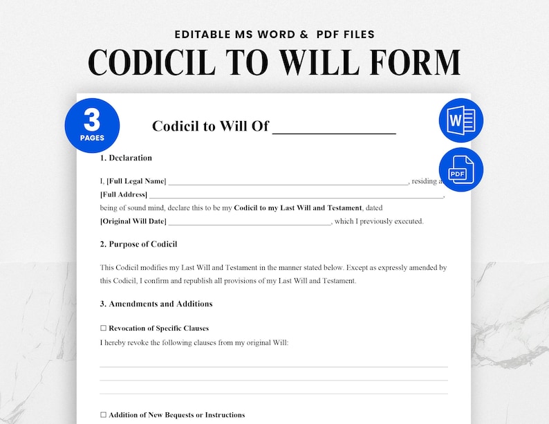 Codicil to Will Form Template - Last Will Amendment - Will Codicil Form ...
