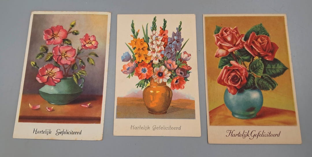 Set of 13 Vintage Dutch Happy Birthday Cards With Flowers 1920’s, 1930 ...