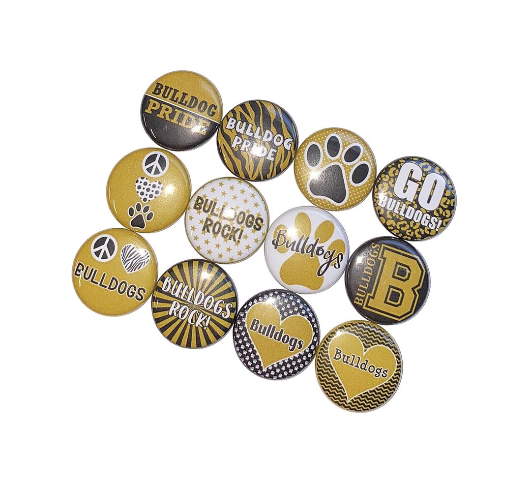 Bulldogs, Black, Gold, 1", 1.25", 1.5", 2.25", Button, Bulldog Theme ...