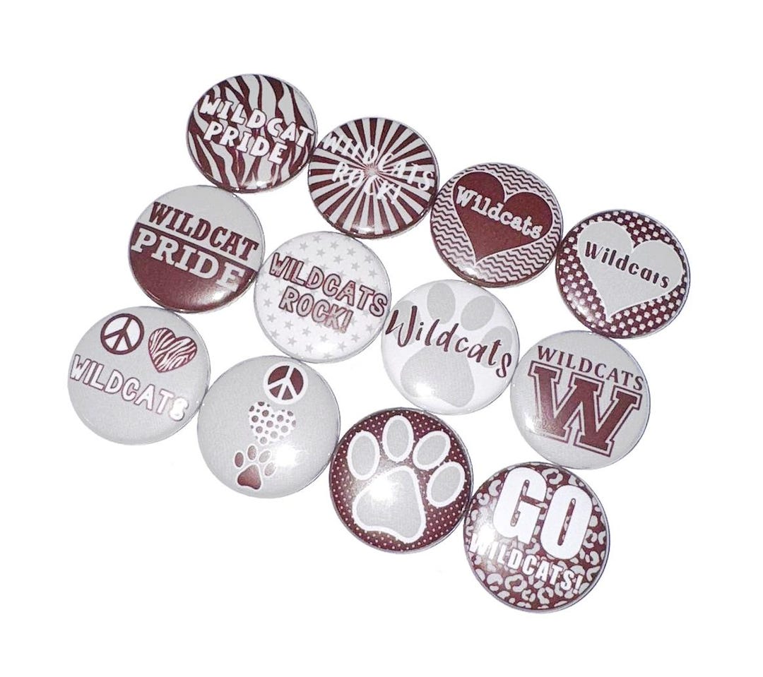 Wildcats, Maroon, Gray, 1", 1.25", 1.5", 2.25", Button, Wildcat Theme ...