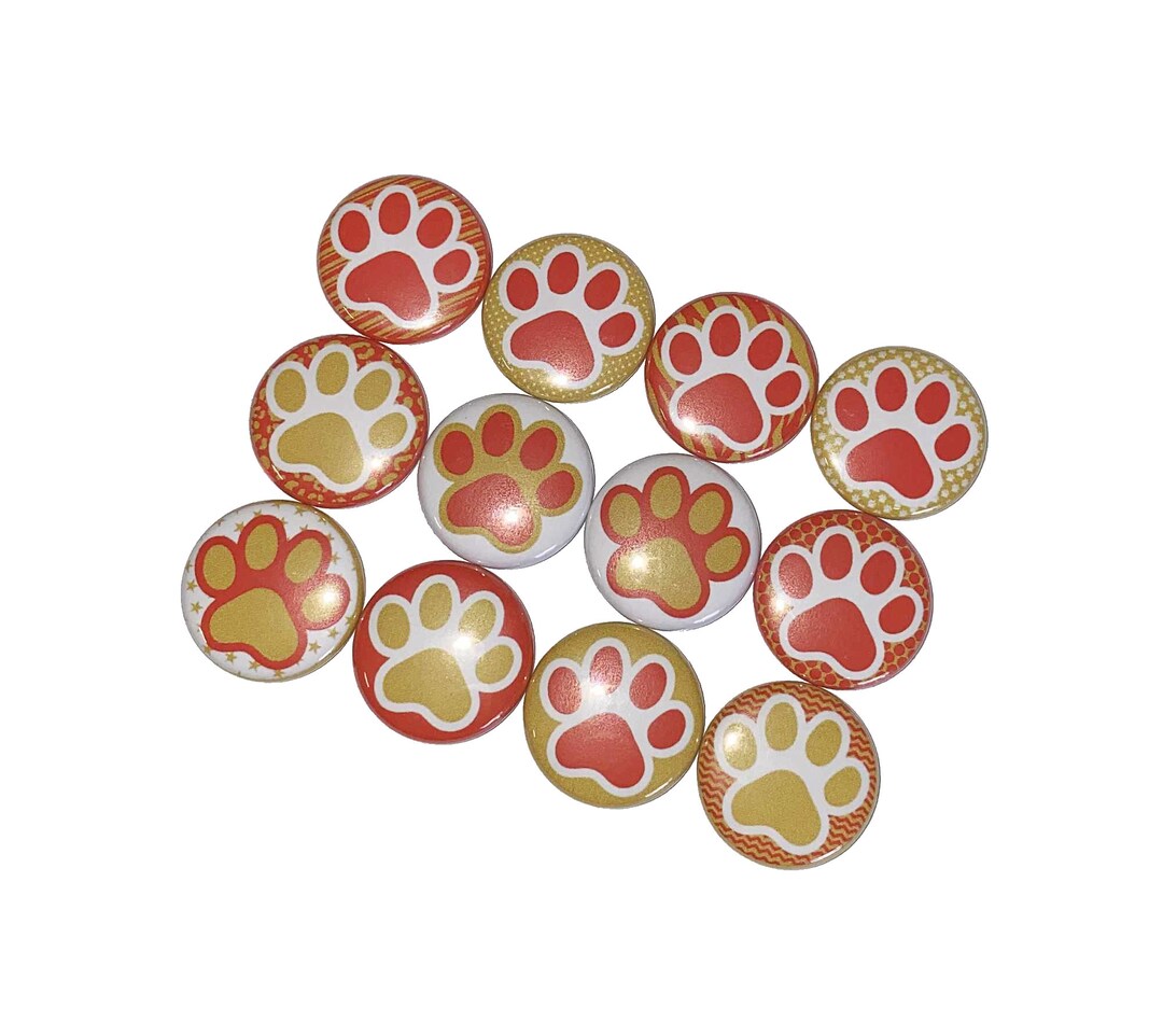 Paws, Red Paw, Gold Paw, 1", 1.25", 1.5", 2.25", Button, Red, Gold ...