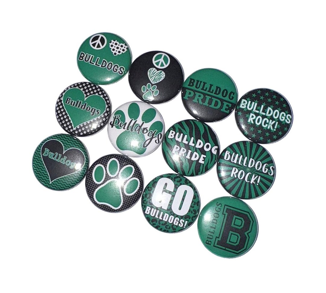 Bulldog, Green, Black, 1", 1.25", 1.5", 2.25", Button, Bulldog Theme ...