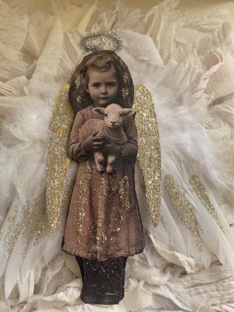 EASTER Angel Girl Ornament Holding SWEET Little Lamb*german Glitter ...