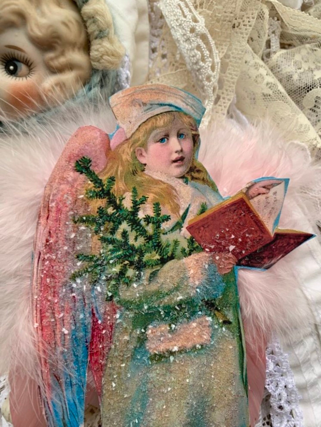 VICTORIAN Angel With Hymnal and Pink Wings Ornament*recreated From a ...