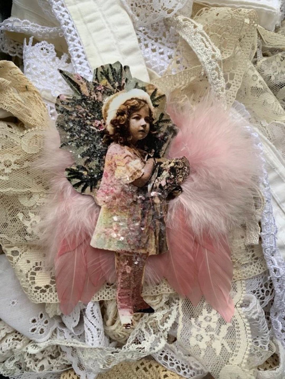 Victorian Angel Girl Ornament, Pink Feathered Wings, German Glitter - Etsy