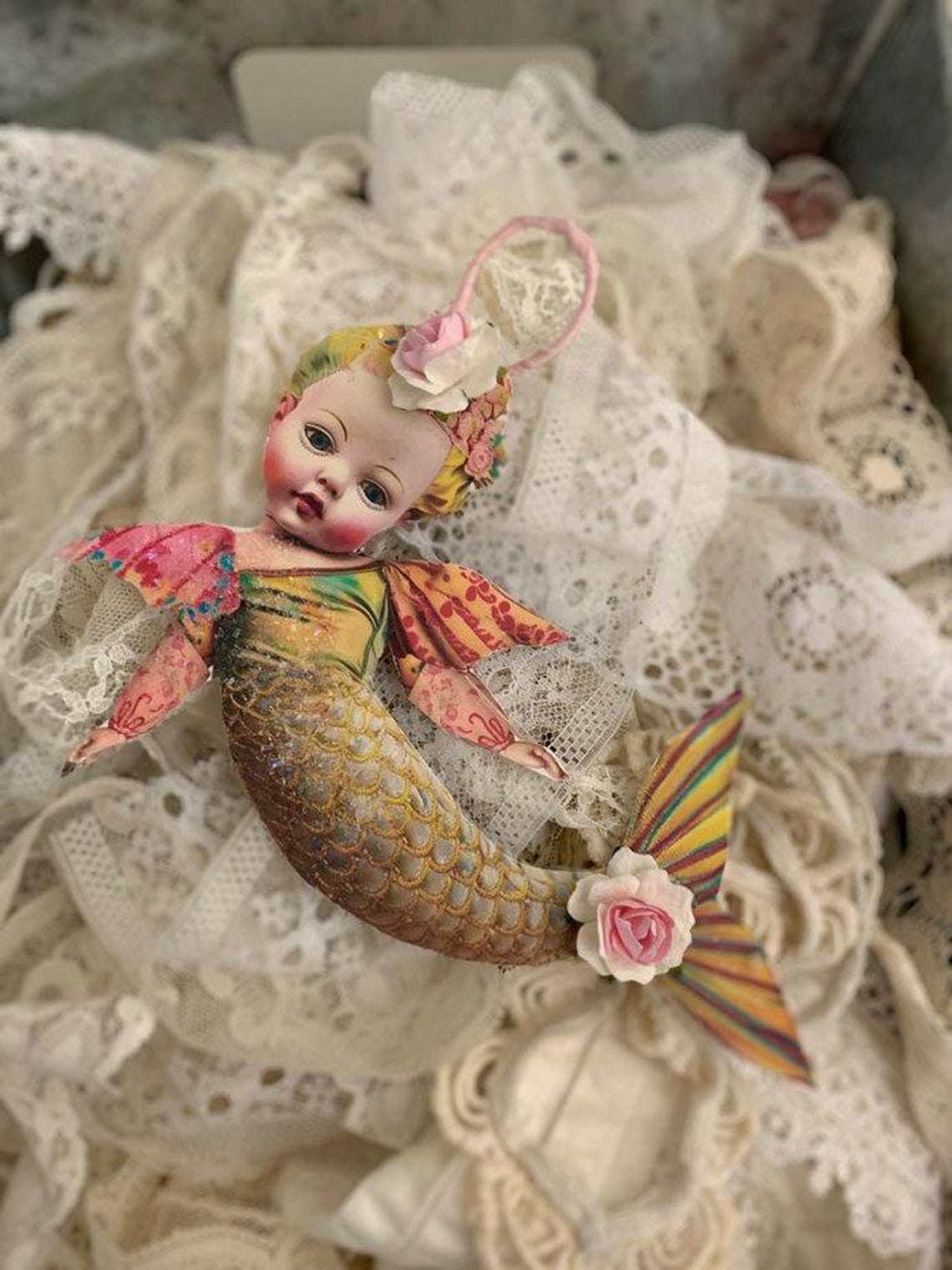 MERMAID LITTLE PRIMROSE Ornament*hand Cut Two Layers*german Glitter ...