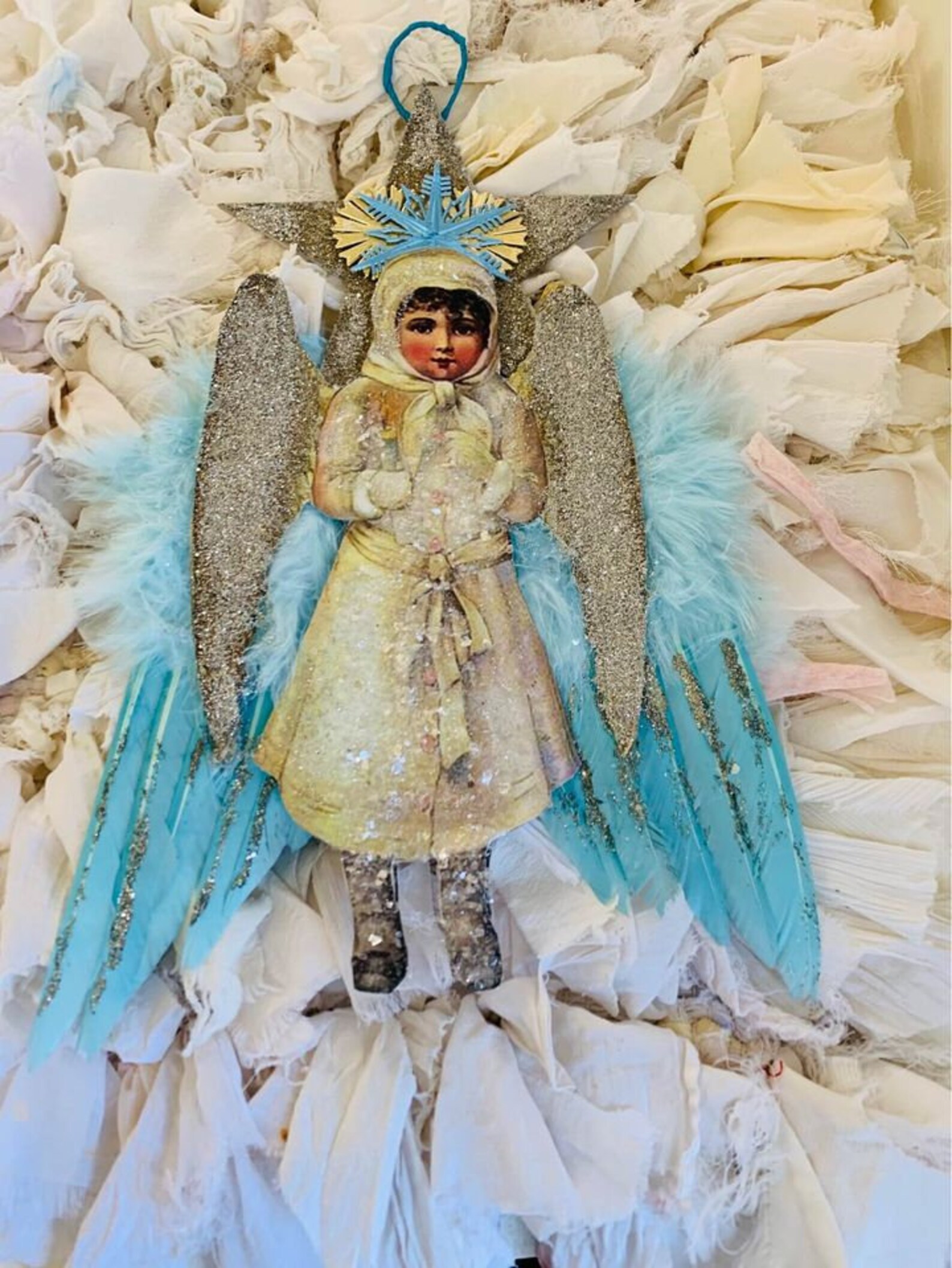 Christmas Dresden Snow Angel Tree Topper, Teal Feather Wings - Etsy
