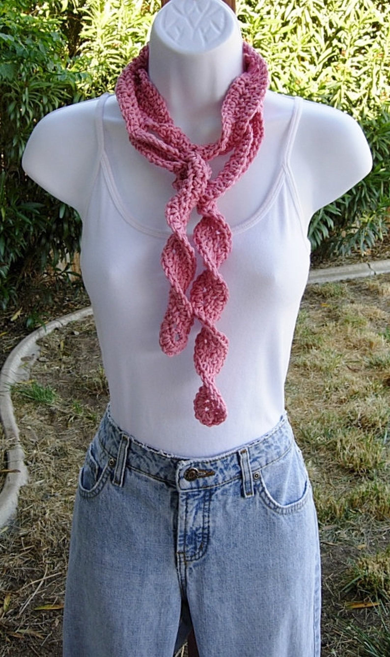 Solid Rose Pink Skinny SUMMER SCARF Small 100% Cotton Spiral Crochet ...