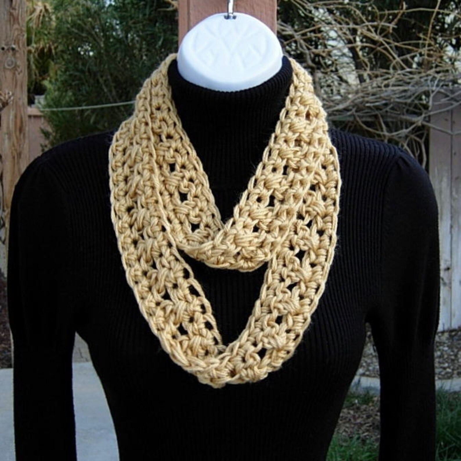 SUMMER SCARF Small Infinity Loop Solid Soft Gold Yellow, Crochet Knit ...