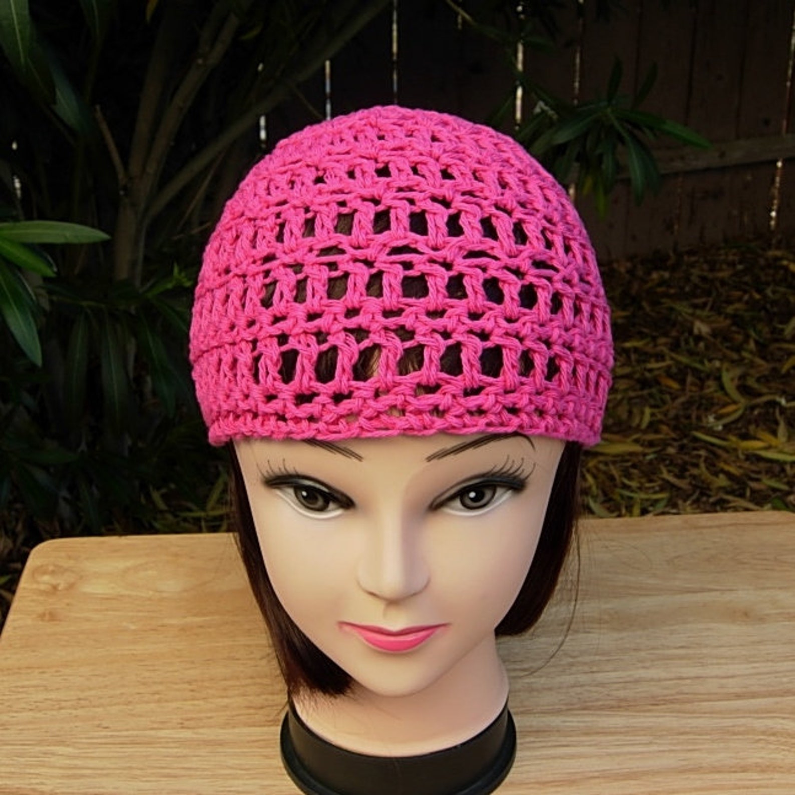 Solid Hot Pink Summer Beanie, 100% Cotton Lacy Skull Cap, Women's ...