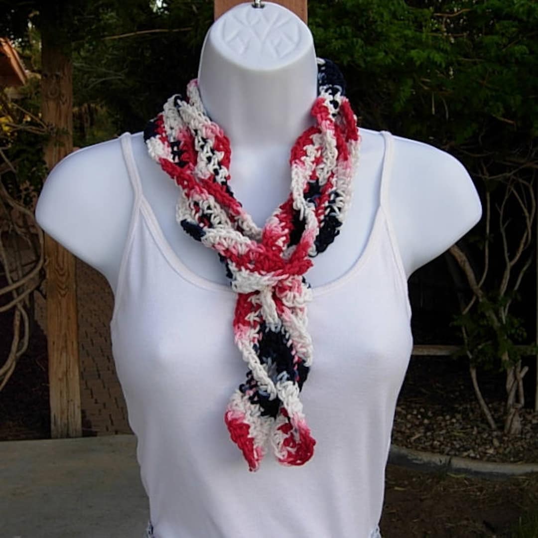 Red White and Blue Skinny SUMMER SCARF Small Cotton Spiral Crochet Knit ...